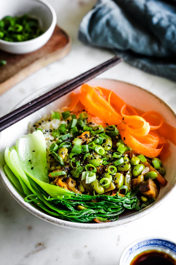 Teriyaki Eggplant Edamame Rice Bowl (Vegan) - Barrel Leaf 桶子葉